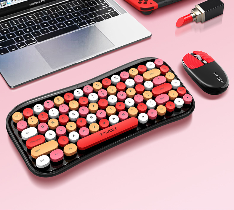T-WOLF雷狼TF660无线键盘鼠标套装蓝牙双模口红色女生朋克跨境-阿里巴巴