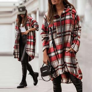 Plaid Print Zip Up Pocket Design Oversized Hooded Shacket-阿里巴巴