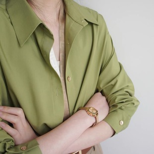 JOJOZ 果绿长袖宽松衬衫显白不易皱质感金属扣 chic上衣女24年春-阿里巴巴