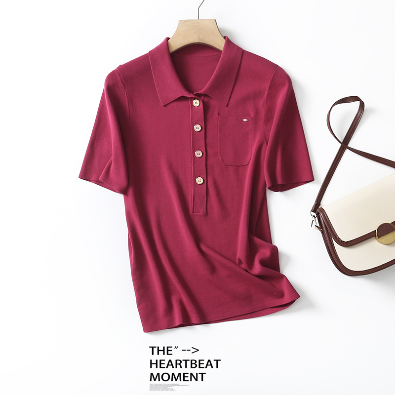 女士Polo衫通勤纯色口袋款16G短袖女透气法式翻领针织衫女BN121-阿里巴巴